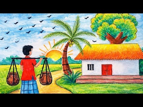 Beautiful winter morning village scenery drawing |Beautiful winter morning village scenery drawing 