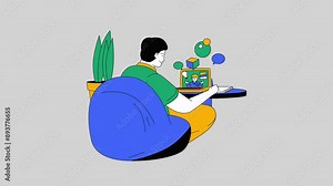 Animated scene of a diligent learner watching online lectures and taking notes