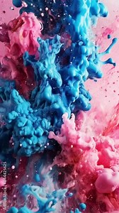 Glitter fluid splash. Ink water. Explosion cloud. Pink and blue color glowing particles texture. Paint flow. Abstract art background.