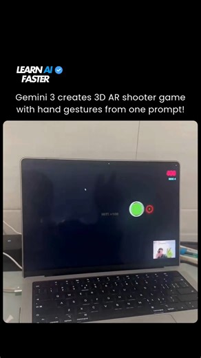 Learn AI Faster | Artificial Intelligence on Instagram: "Gemini 3 Flash is insane! It can generate a 3D AR shooting game from just one prompt and even recognise hand gestures like index finger aiming and thumb pulling the trigger. Imagine coding a game this fast! Prompt: "Gesture: Recognize a “pistol” hand gesture (index finger aiming, thumb pulling the trigger to shoot). - Enemies: Flying discs spawn randomly around the edges of the screen and fly toward the center. Keep 4 on screen at all time
