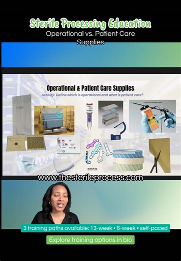 Operational supplies are what keep SP running day-to-day. These supplies support cleaning, packaging, sterilization, monitoring, and overall workflow so instruments can be processed safely and correctly. Patient care supplies are used directly for patient care during procedures or treatment. SPD may handle or prepare them, but the purpose is focused on the patient not department operations. #sterileprocessingeducation #sterileprocessingtech #sterileprocessingcourse #healthcarecareers #medicalcar