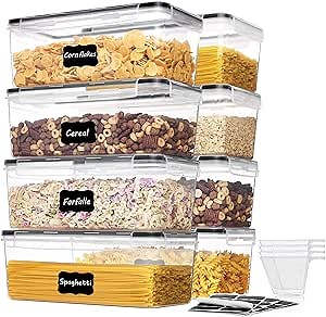 Vtopmart Airtight Food Storage Containers with Lids 8PCS Set 3.2L, Plastic Spaghetti Container for Pasta organizer, BPA Free Air Tight House Kitchen Pantry Organization