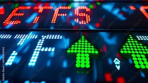 Dynamic Stock Market Digital Screen Displaying ETF Performance with Green Arrows Indicating Growth and Positive Trends in Business Trading