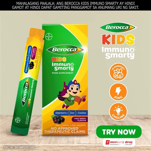 Make it your child’s new daily habit. Rip, sip, repeat! Try the NEW Berocca® Kids Immuno Smarty, for kids 2 to 12 years old! A tasty berry-flavored syrup that contains Zinc, Choline and Elderberry. Zinc contributes to the normal function of the immune system and is essential for growth while Choline helps support overall mental function. Available in Mercury Drug stores. ASC No. B0186P070125B #80YearsOfCare | Mercury Drug Corporation