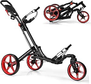 GYMAX Folding Golf Push Cart with Swivel Front Wheel, 3 Wheel Adjustable Golf Pull Cart, Easy Folding Compact Golf Trolley for Clubs