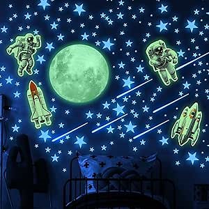 Glow in The Dark Stars for Ceiling, Luminous Stars and Moon USA Astronaut Rocket Spaceship Wall Decals, Space Decoration, Sticky Fluorescence Stars, Kids Room Decor, Galaxy Wall Stickers