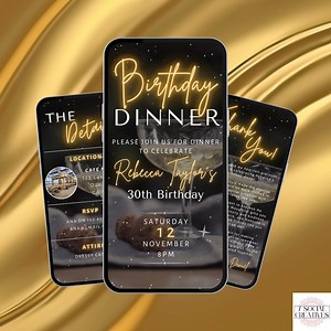 Downloadable Birthday Dinner Invite. Digital Animated Any Age Party Invitation in Black and Gold. DIY Template. - Etsy Canada