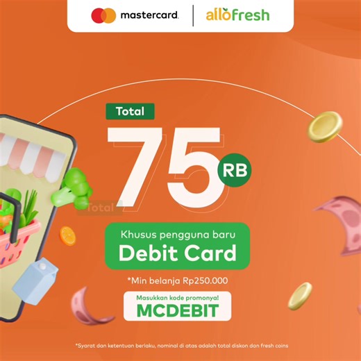 Khusus untuk pengguna baru AlloFresh, Kamu bisa dapetin potongan hingga Rp100.000 setiap belanja dengan Kartu Debit dan Kredit Mastercard®! Yuk download aplikasi AlloFresh sekarang dan cek info selengkapnya melalui link di bio! | Mastercard