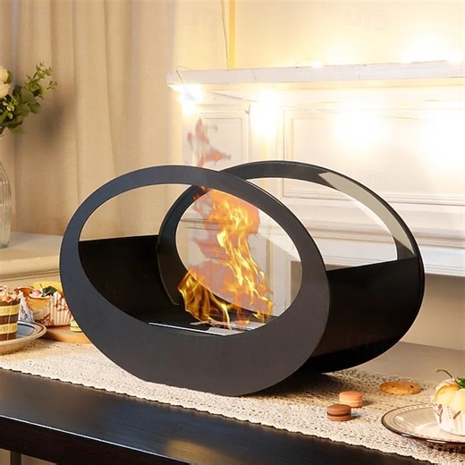 Tabletop Fireplace, 15.7 Inch Oval Ethanol Fireplace, Tabletop Fire Pit, Portable Indoor Art Fireplace Decor, Black Fire Flame Effect 2025