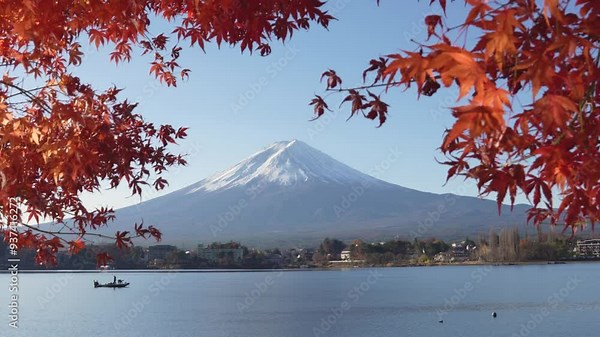 Mount Fuji in red maple tree surrounded by red autumn leaves during fall in front of Lake Kawaguchiko, Mt Fuji Japan