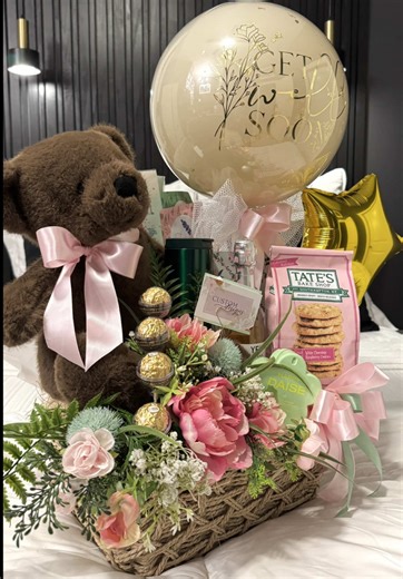 Make your loved one feel special with a beautiful and unique gift basket. #gift #basket #teddy #giftideas #balloons
