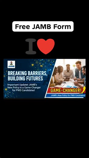 Breaking Barriers, Building Futures📢 Important Update! JAMB's New Policy is a Game-Changer for PWD Candidates! 📢JAMB is making strides towards inclusive education by offering free application forms for the 2026/2027 UTME to Persons with Disabilities (PWDs). This includes individuals with Down syndrome, autism, dyslexia, and ADHD, provided they meet the academic requirement of five O’Level credit passes in two sittings.Additionally, blind candidates will benefit from audiobooks, ensuring compre