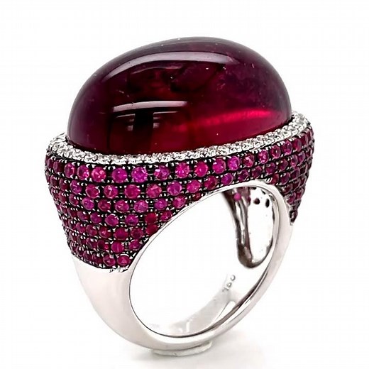 18k White Gold & Rubellite Tourmaline Cabochon Ring w/ Diamond, Ruby Accents, Size 7.