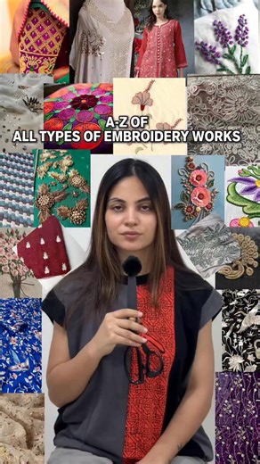 Chahat on Instagram: "A-Z OF TYPES OF EMBROIDERY WORKS🪡 1. Aari – Fine chain-stitch embroidery done with a hooked needle, common in Indian couture. 2. Appliqué – Fabric pieces stitched onto a base fabric to create layered designs. 3. Badla work – Embroidery using flattened metal wire for a shimmering surface effect. 4. Beadwork – Decorative stitching done using glass, metal, or stone beads. 5. Chikan – Delicate white-on-white hand embroidery traditionally from Lucknow. 6. Cross-stitch – X-shape