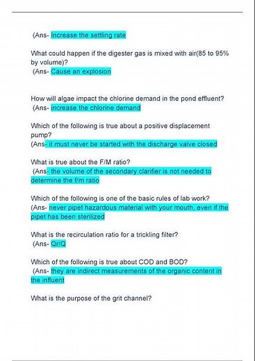 WASTEWATER TREATMENT OPERATOR PRACTICE EXAM 1 WASTEWATER TREATMENT OPERATOR CERTIFICATION TEST 1 100