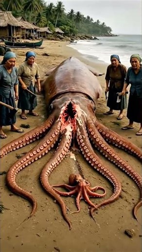 “What terrifying secret is hiding inside the squid’s swollen belly? 🦑😨❓ 오징어 배 속에 숨어 있는 공포의 비밀은 무엇일까?