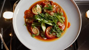 Camera 360 degree video with three-point lighting, slow motion medium two-video of chefs competing on a cooking show