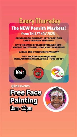 FREE FACE PAINTING EVERY THURSDAY!! from 27th November 2025! 9am to 12pm😁 💘🦄🌈🎨 NEW PENRITH MARKETS is launching on 27 Nov onwards 6:30am to 2pm at Penrith Club paceway @penrithmarkets @blacktownmarkets @keir.events Face PaintIng & Jumping Castle😍💕 #facepaint #facepainting #kidsparty #sydneymums #kidsentertainment #facepainter #facepaintingkids #birthdayparty #northernbeachesmums #sydneymarkets #blacktown #freefacepainting | Face Painter Mama