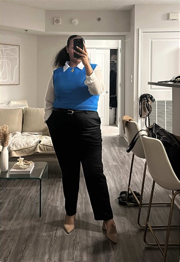 A little pop of royal blue to brighten up my workday 💙 Classic, clean, and just the right amount of bold — my kind of office chic. Button down: @prettylittlething Vest & Shoes: @ZARA Pants: @UNIQLO USA Belt: @asos #WorkwearStyle #OOTD #ChicAndPolished #OfficeOutfitInspo #EffortlessStyle