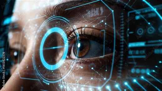 eye scan technology, Futuristic digital scan over female eye representing biometric verification cybersecurity and artificial intelligence concept