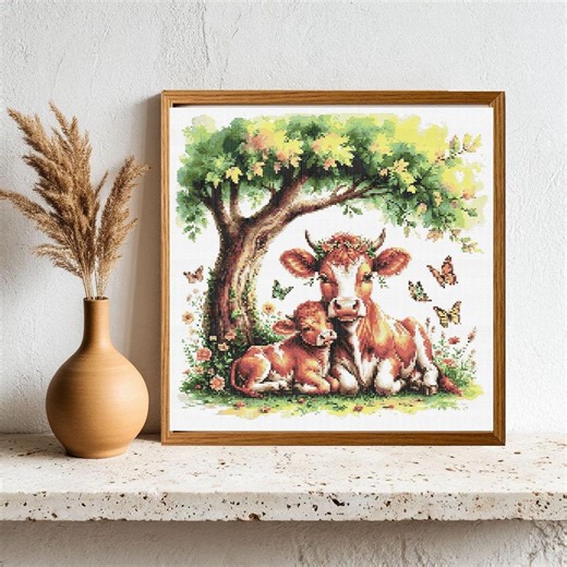 Cow and Calf Cross Stitch Pattern: Moments of Tenderness Under Tree (PDF) - Etsy