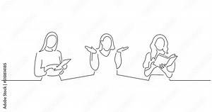 People reading a book and using technology in line art animation. Video footage of three persons. Black linear video on white background. Animated gif illustration design.