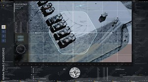 Military Tank Base Location Track With Drone Surveillance Innovation. Military Drone Control Innovative Software Scanning Warzone. Spying Drone Innovation Searching For Military Armored Tanks.