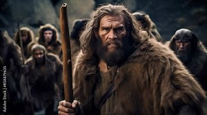 An ancient neanderthal prehistoric man with a group of people goes hunting for a mammoth