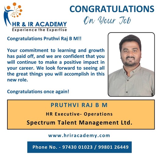 Congratulations on becoming an HR Executive - Operations!! at Spectrum Talent Management Ltd. Your dedication to learning and growth has led to this achievement, and we believe you will excel in your new role. We can't wait to see the positive impact you will make! Keep up the fantastic work! | HR & IR Academy | Facebook