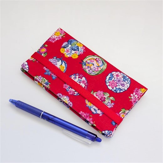 Handmade Fabric Checkbook Cover, Red Floral Bingata Print, Elastic Closure - Etsy