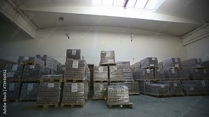 Inside a storage warehouse camera moving