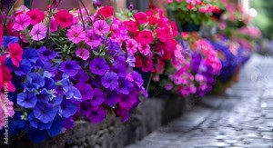 Vibrant petunias in hanging baskets lining a cobblestone alleyway. Concept Flower Trellis, Urban Gardening, Cobblestone Path, Hanging Basket Beauties, Vibrant Petunias Stock Video