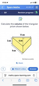 Calculate the volume of the triangular prism shown below. The p... | Filo