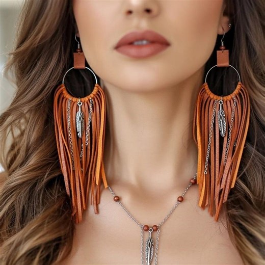 Leather Fringe Earrings, Handmade Boho Feather Tassel Western Jewelry - Etsy