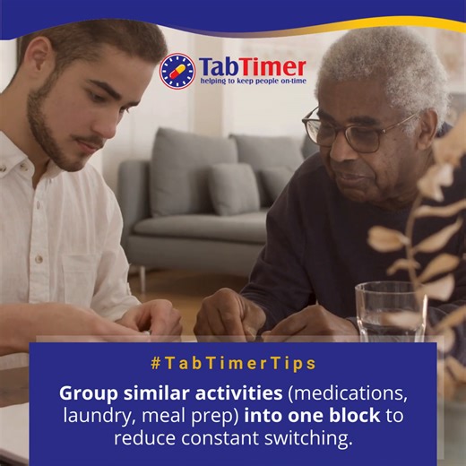 💡 Using a task batching approach can help carers create calmer, more predictable days. Group similar activities, such as medications, laundry, or meal prep, into one dedicated time block to reduce constant task-switching and mental fatigue. 👉 This structured rhythm supports independence for your loved one while helping carers stay organised, focused, and less overwhelmed throughout the day. #TabTimer #Dementia #DementiaCare | TabTimer