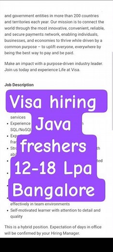Visa Hiring Java Developers 1 year experience in Bangalore with upto 18 Lpa