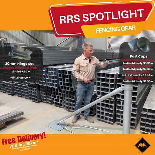 *** Fencing Gear *** In this weeks spotlight: See our Posts Caps and Gate Hinges. Strong, clean and ready for your next build—perfect for farmers and contractors. All Prices INC GST *** POST CAPS *** 100NB Strainer Caps — $3.30 100×100 SHS Caps — $3.30 90×90 SHS Caps — $2.90 75×75 SHS Caps — $2.50 *** Welded Hinge Sets *** Single Hinge — $7.50 Hinge Set |2| — $15.00 Pickup or delivery available. Free delivery on orders of slings and bundles over $10,000 and within 500km of Tamworth. Other produc