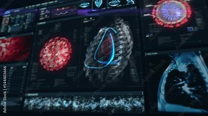 Medical HUD Showing Patient Information, Detailed Coronavirus Structure, Bloodstream Animation and Lungs MRI. Futuristic Technological Interface Analyzing Covid-19 Virus in Human Male Anatomy.