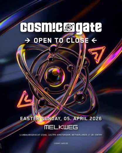 Amsterdam 🇳🇱 OPEN TO CLOSE is coming to your town! ✨🚀 After Toronto, San Francisco, New York, Montreal, London, Cologne, Dallas, and Los Angeles — Amsterdam is next! Join us for an exclusive 5-hour musical journey - from doors open to doors close - all night long Cosmic Gate at Melkweg Amsterdam on Easter Sunday, April 5. Expect a special extended set spanning deep and progressive grooves, uplifting trance, and melodic techno. We’ll be showcasing tracks from our latest album PERSPECTIVES, and