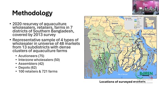 𝐀𝐧𝐧𝐮𝐚𝐥 𝐁𝐈𝐃𝐒 𝐂𝐨𝐧𝐟𝐞𝐫𝐞𝐧𝐜𝐞 𝐨𝐧 𝐃𝐞𝐯𝐞𝐥𝐨𝐩𝐦𝐞𝐧𝐭 𝟐𝟎𝟐𝟓 𝐃𝐚𝐲 𝟐: 𝐌𝐨𝐧𝐝𝐚𝐲, 𝟖 𝐃𝐞𝐜𝐞𝐦𝐛𝐞𝐫, 𝟐𝟎𝟐𝟓 Academic Session 5 of ABCD 2025 on Development Challenges in Bangladesh: Food Systems, Environmental Health, and Social Protection Paper 1: Wholesalers and the transformation of the hidden middle of the aquaculture value chain in Bangladesh (Ben Belton, Research Fellow, IFPRI) The study estimated substantial employment generation for men and youth in aquaculture,