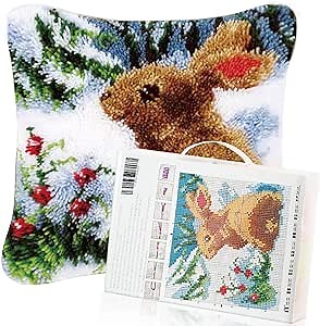 Gift2U Latch Hook Kit, Rabbit DIY Throw Pillow Cover Sofa Cushion Cover Latch Hook Rug Kit 16X16 inch Animal Pattern Paint Embroidery