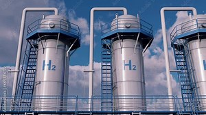 Hydrogen storage tanks (H2). Clean and eco-friendly hydrogen energy. 3d render.
