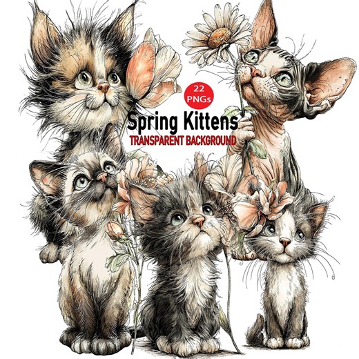 Spring Flower Kitten PNG Clipart: 22 Whimsical Cat Graphics With Transparent Background for Sublimation or Print - Etsy