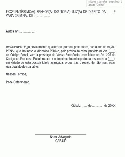 Referência para Petição Pedido de Depoimento Antecipado Idade Avançada