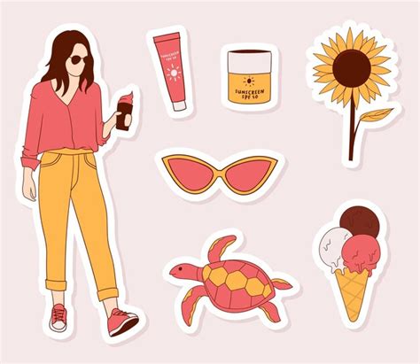 Coleção de adesivos de verão coloridos desenhados à mão Vetor Premium