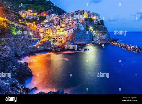 Manarola Village At Dusk Cinque Terre National Park Liguria Italy