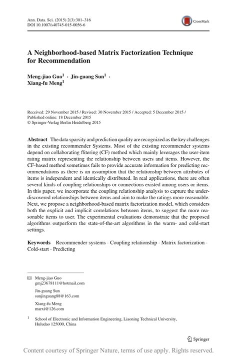 a neighborhood based matrix factorization technique for recommendation request pdf