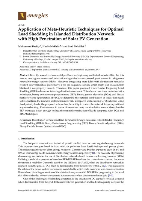 pdf application of meta heuristic techniques for optimal load shedding in islanded