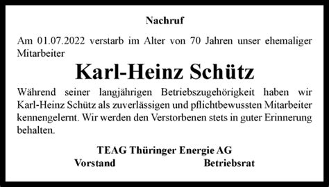 Traueranzeigen von Karl Heinz Schütz trauer in thueringen de