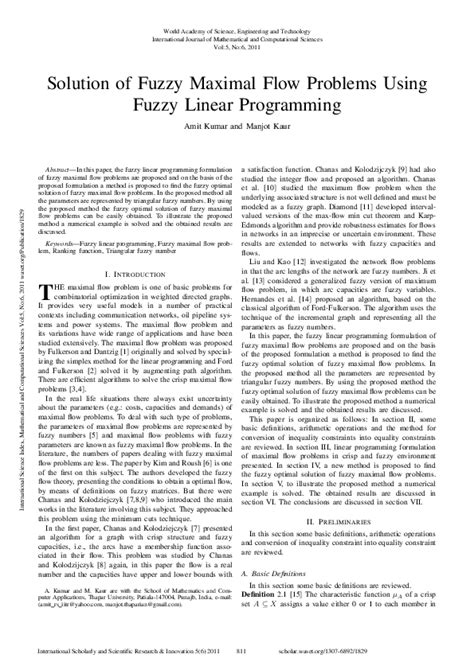 pdf solution of fuzzy maximal flow problems using fuzzy linear programming manjot kaur
